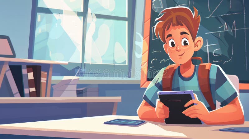 Student on Cell Phone Communicating in Classroom in Front of Blackboard ...