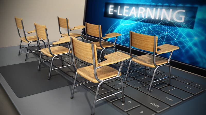 Student Chairs Standing on Laptop Computer. 3D Illustration Stock ...