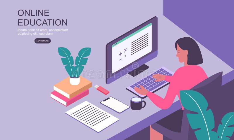 Student Character Study at Computer, Flat Isometric Concept. Stock ...