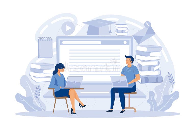 Student Character Study at Computer. Online Education Concept Stock Vector - Illustration of ...