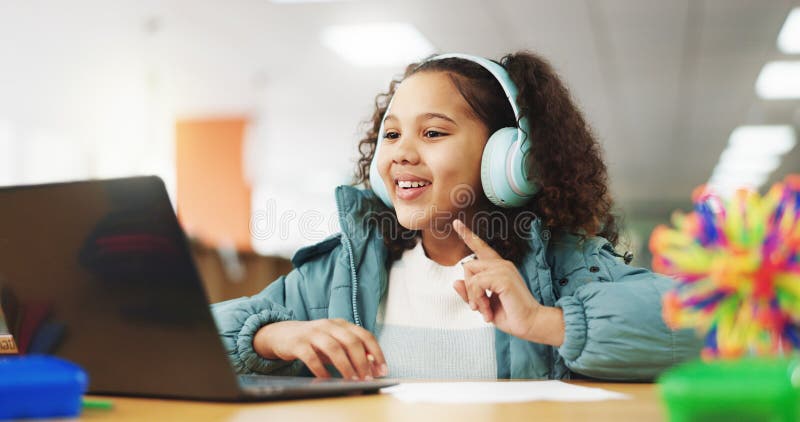 Student, Child and Headphones with Laptop for Video Call, E Learning or ...