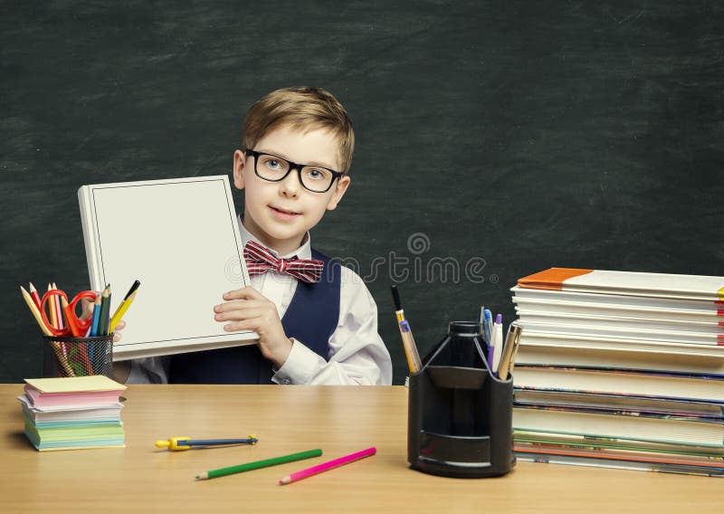Student Child Holding Book Cover, School Kid Boy in Classroom Stock ...