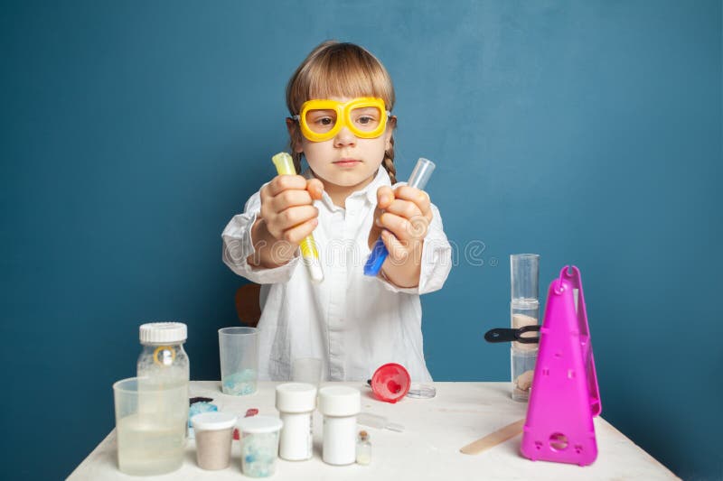 Happy Child Girl Holding Flask in Science Class Stock Image - Image of ...