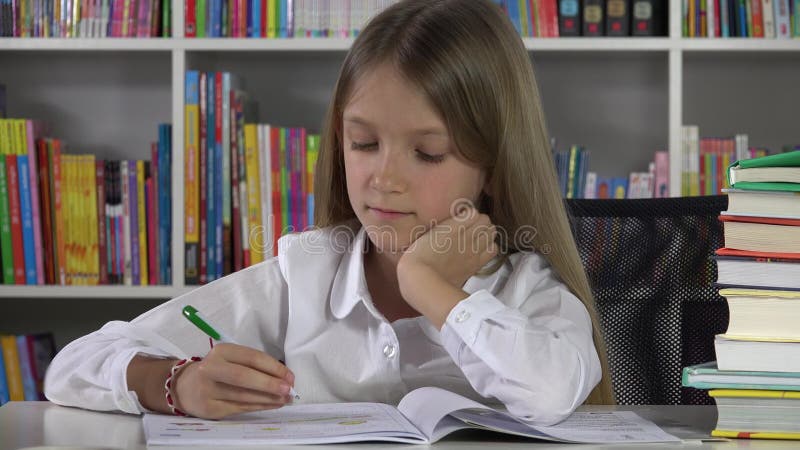 Student Child Reading Books in Library, School Girl Studying Learning ...