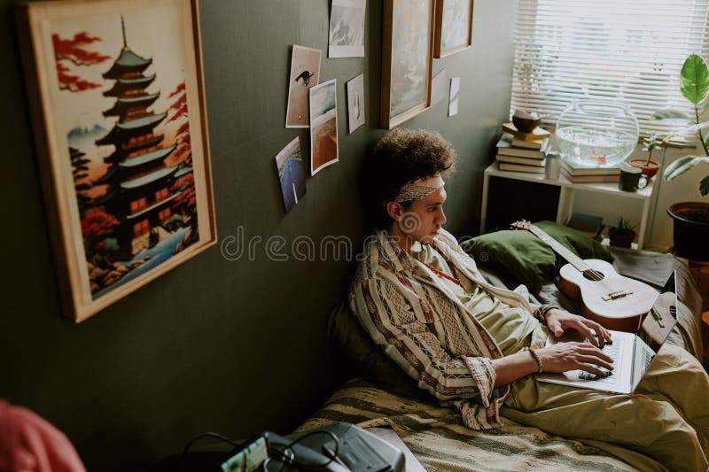 Student Chilling on Comfortable Single Bed Stock Image - Image of ...