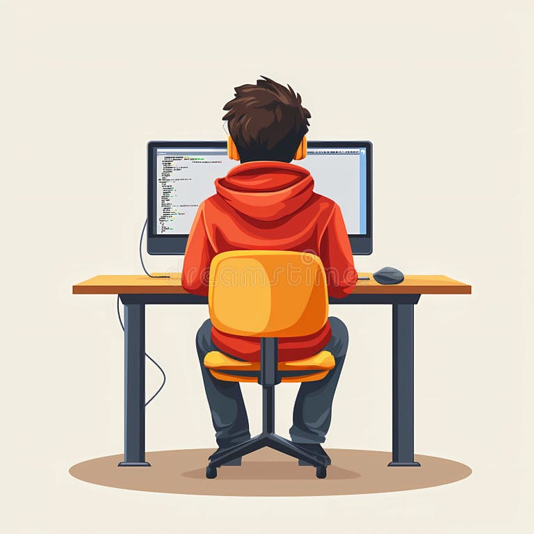 Student Coding at Desk while Focused on Computer Tasks in a Serene ...