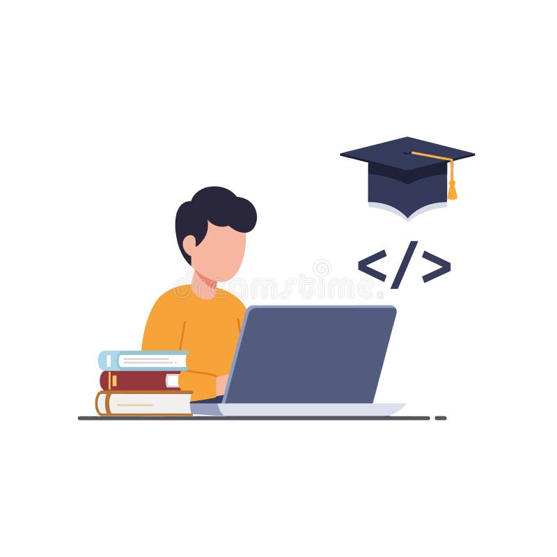 Student Coding on Laptop with Books and Graduation Cap Above Screen ...