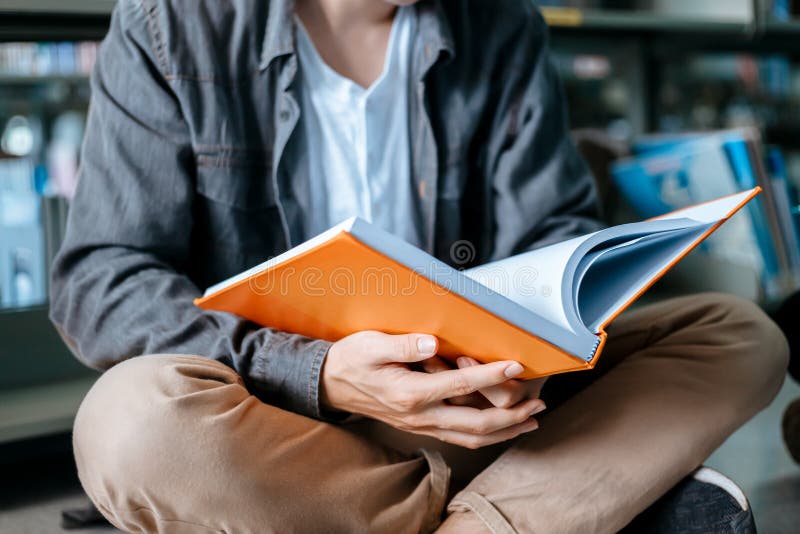 Student College Opening and Reading a Book at Library Stock Image ...