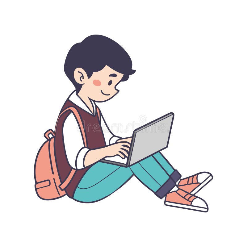 Student on computer boy stock illustration. Illustration of computer ...