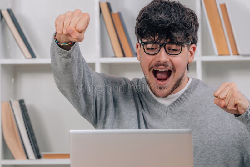 Student at Computer Celebrating with Joy Stock Image - Image of ...