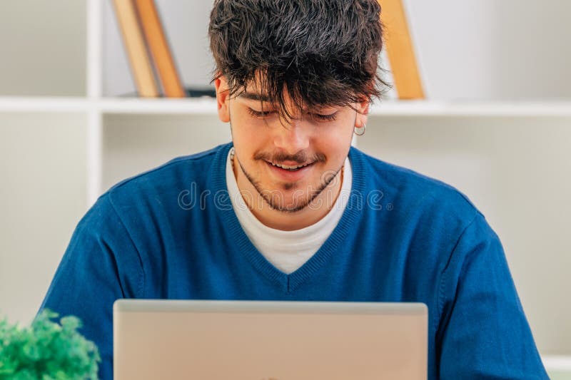 Student with Computer or Laptop at Desk Stock Image - Image of ...