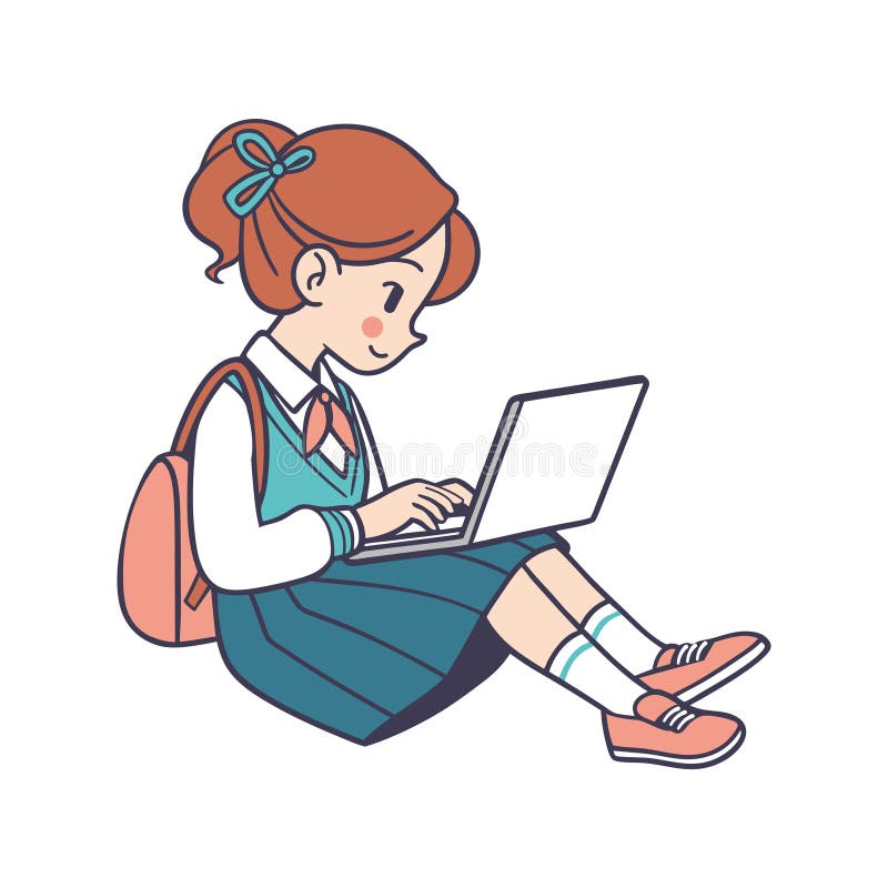 Student on computer tablet stock illustration. Illustration of girl ...
