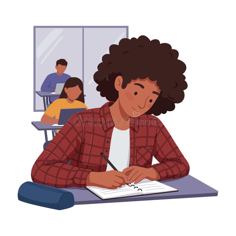 Student with Curly Hair Focused on Writing Notes in a Classroom Setting ...