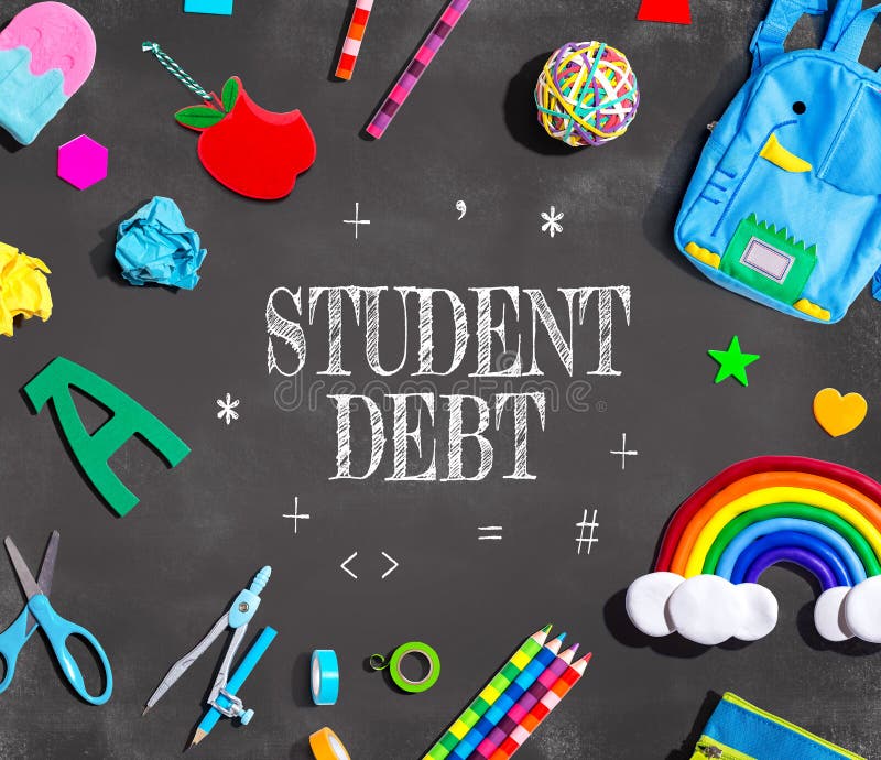 Student Debt Theme with School Supplies on a Chalkboard Stock Photo ...
