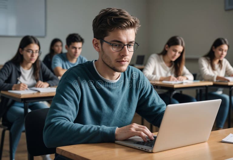 Student Focused on Studying in a Classroom with Peers Stock ...