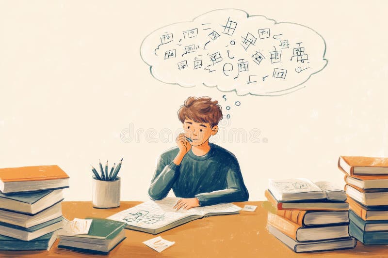 Student Deep in Thought with Equations Stock Illustration ...