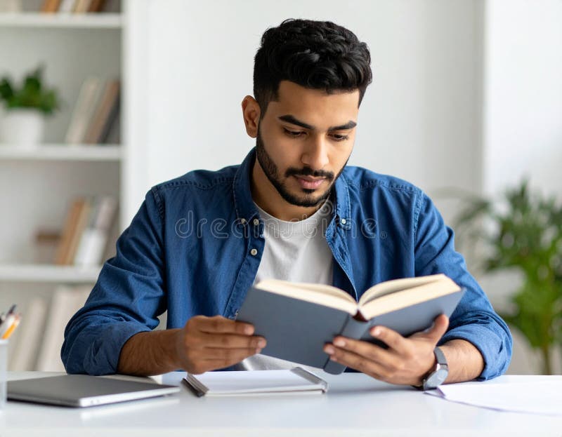 Student Deeply Concentrated on a Book, Surrounded by a Calm and Minimal ...