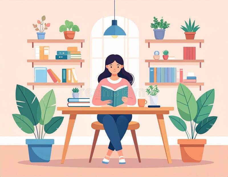 Student Deeply Concentrated on a Book, Surrounded by a Calm Room ...