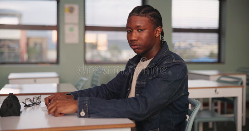 Student, Depression and Learning in Classroom by Desk for Education ...