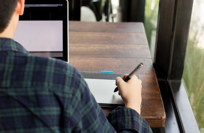 Student Designer Hand Drawing on Pen Mouse Pad with Laptop Stock Photo ...