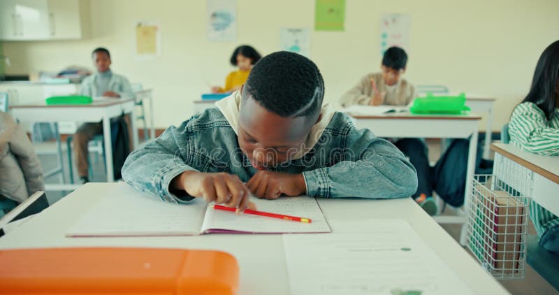 Student, Desk and Boy for Tired in Classroom, ADHD or Activity with ...