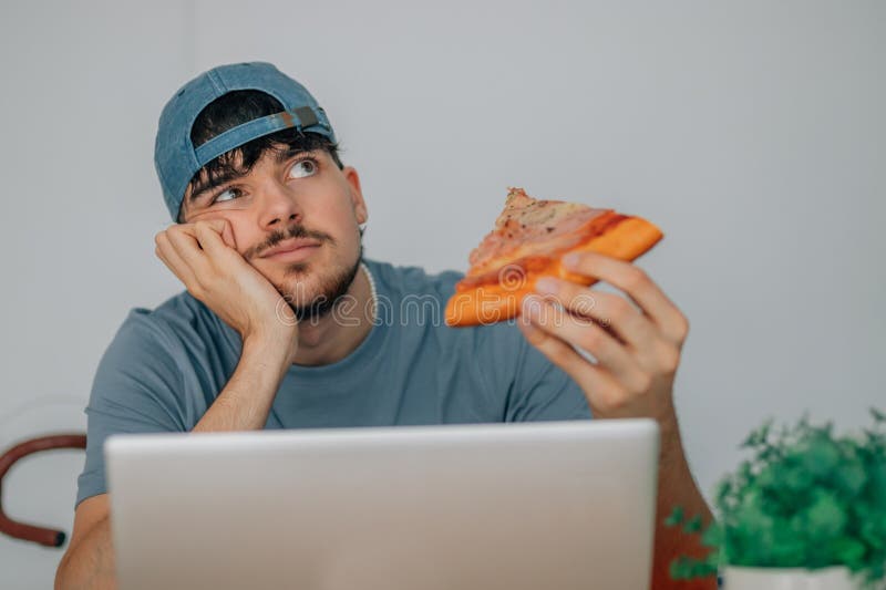 Student at Desk with Computer Thinking Stock Photo - Image of wait ...