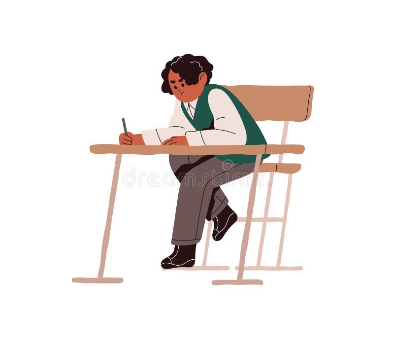 Student at the Desk Does Homework, Prepares for Test, Exam. Child ...