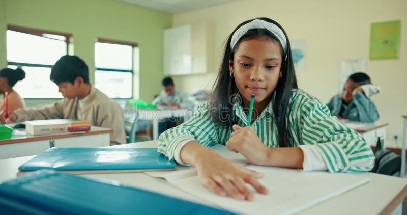 Student, Desk and Girl with Test in Classroom, Homework or Quiz ...
