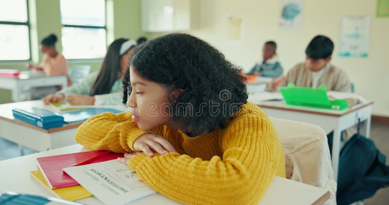 Student, Desk and Girl for Tired in Classroom, Homework or Activity ...