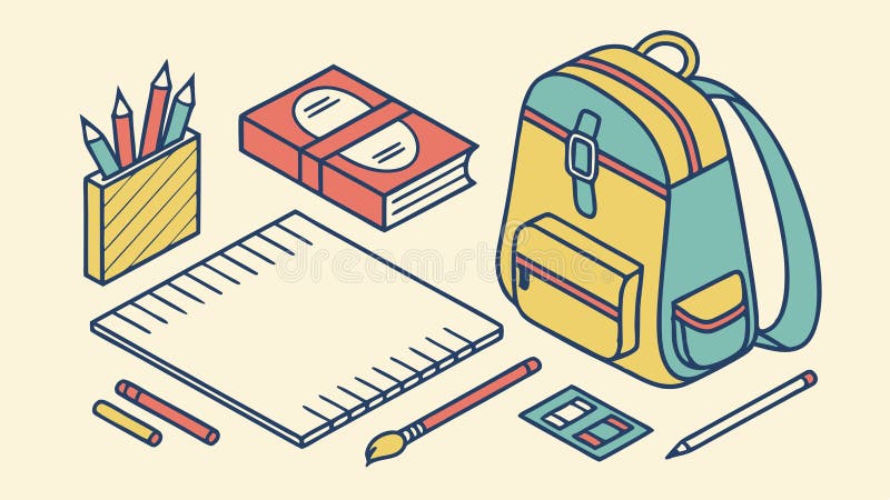 Student Desk with Notebook, Pencil Cup, and Backpack Vector Design ...