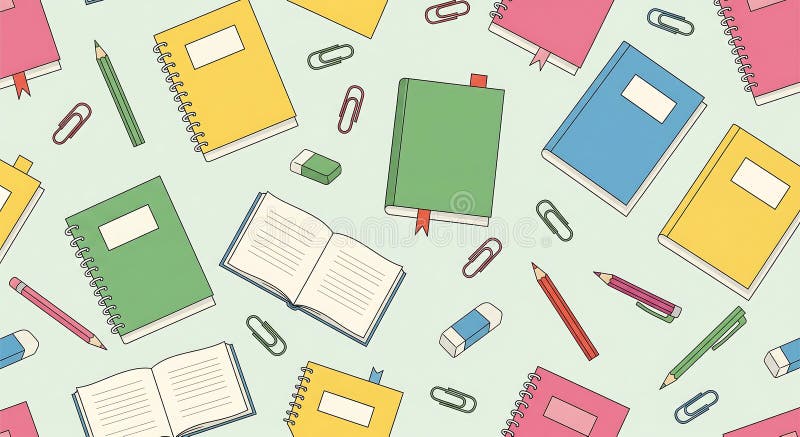 Student Desk with School Supplies Seamless Pattern Stock Illustration ...