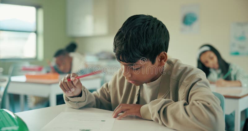 Student, Desk and Thinking with Test in Classroom, Homework or Quiz ...