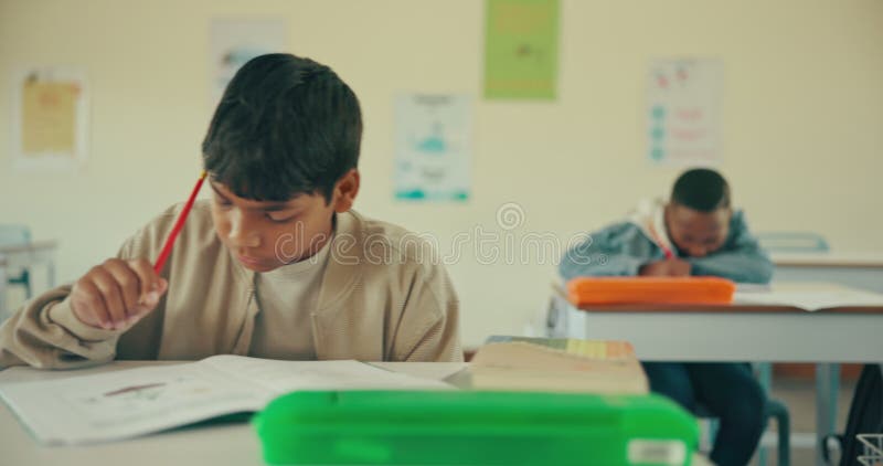 Student, Desk and Thinking with Test in Classroom, Homework or Quiz ...