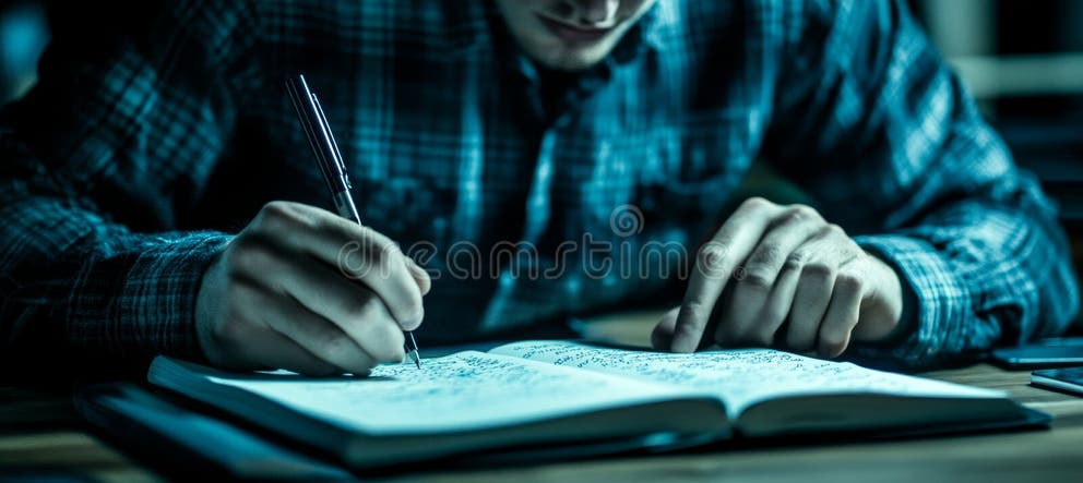 Student in Dimly Lit Room Writing Intensely in Notebook, Focused Note ...