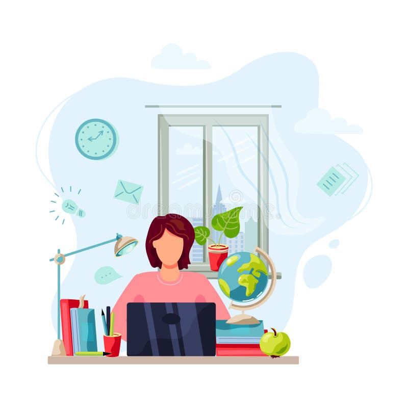 Student is Doing Homework on Laptop Stock Vector - Illustration of ...