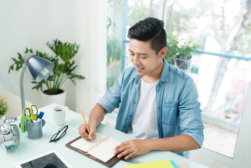 Student Doing Homework and Preparing Exam at Home. Stock Photo - Image ...