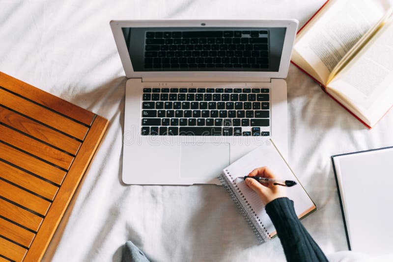 Student Doing an Online Class at Home Stock Photo - Image of book ...