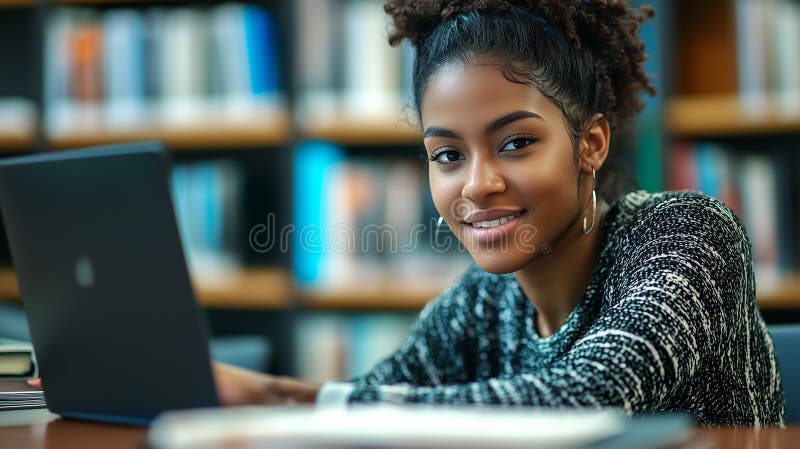Student is Doing Research at Library Using His Laptop and Books. Nerd ...