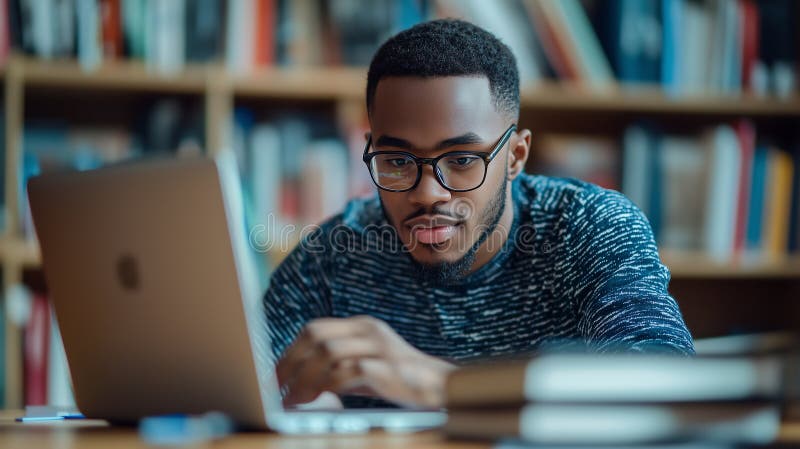 Student is Doing Research at Library Using His Laptop and Books. Nerd ...