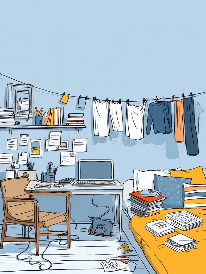 Student Dorm Life with a Cozy Study Nook and Clothesline Showcasing a ...