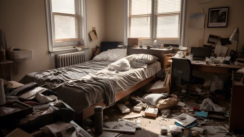 A Student Dorm Room with a Messy Bed and Textbooks on the Created with ...