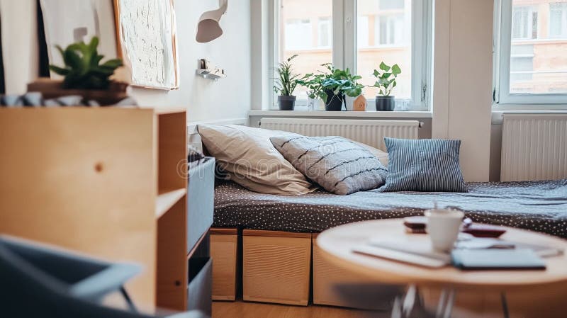 A Student Dorm Room with Stackable Storage Boxes Under the Bed. Stock ...