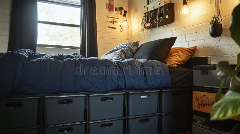 A Student Dorm Room with Stackable Storage Boxes Under the Bed. Stock ...