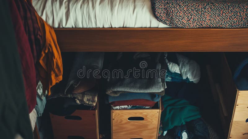 A Student Dorm Room with Stackable Storage Boxes Under the Bed. Stock ...