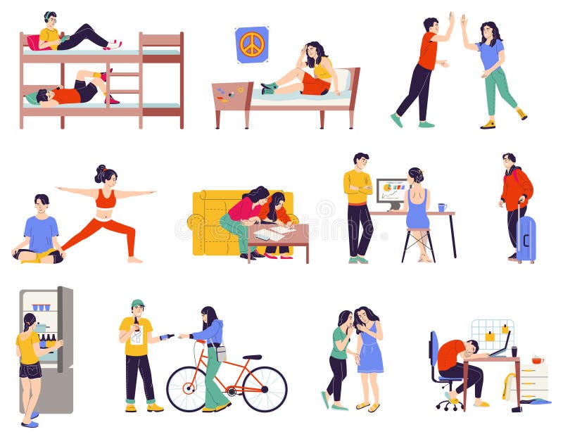 Student Dormitory Icons Set Stock Vector - Illustration of emblem ...