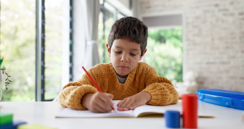 Student, Drawing or Child Writing Homework on Notebook in Kindergarten ...