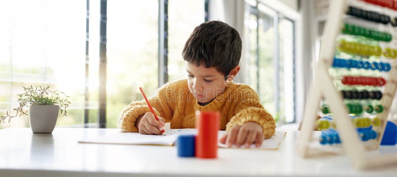 Student, Drawing or Child Writing Homework on Notebook in Kindergarten ...