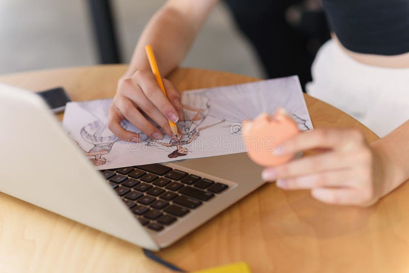 Student Drawing in Front of a Laptop Stock Image - Image of laptop ...