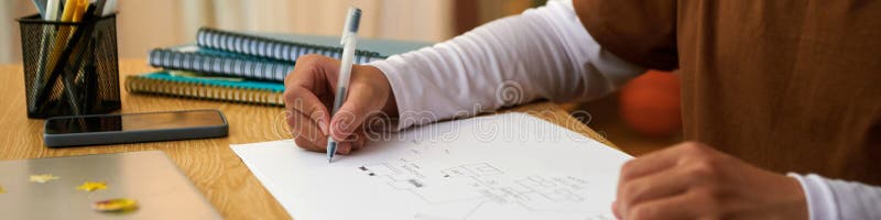 Student Drawing Scheme on Paper Stock Image - Image of desk, online ...