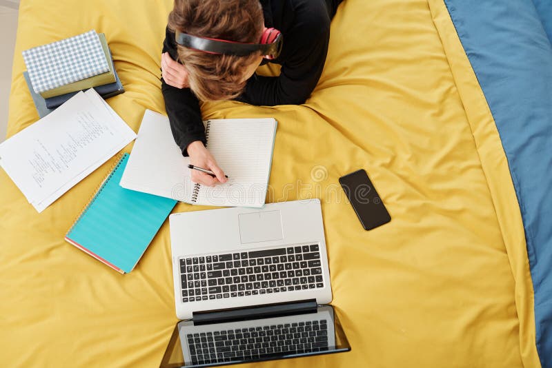 Boy Working Laptop Computer Student Learning Typing Document Stock ...